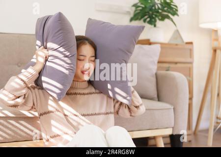 Rest time concept, Women stressful and sad while sitting on the floor ...