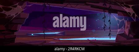 Abandoned stone cave in jungle with pond cartoon vector background ...