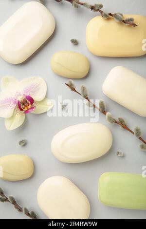 white soap bars on grey background with copy space Stock Photo - Alamy