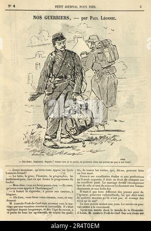 Page from vintage French comic paper, Cartoon, Two solider peeling ...