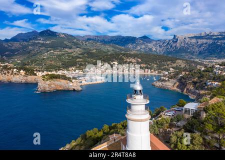 Aerial view of Faro del Cap Gros Lighthouse, Port de Soller, Mallorca ...