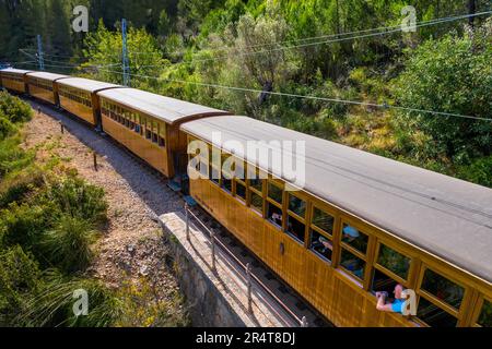 Aerial view tren de Soller train vintage historic train crossing the ...