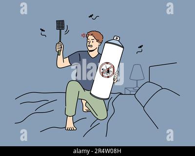 Angry man sit on bed at home with fly swatter and aerosol suffer from ...