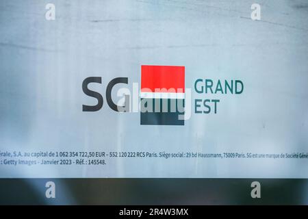 The iconic red and black Societe Generale bank logo hangs proudly from ...