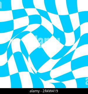 Psychedelic pattern with warped blue and white squares. Distorted chess board background ...