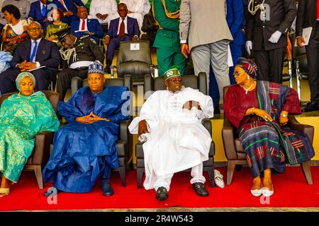 Nigeria's President, Bola Ahmed Tinubu, third from left, first row, poses for a group photo with ...