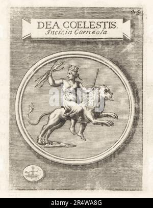 Caelestis Afrorum Dea, Roman goddess in crown, riding a lion, clutching ...