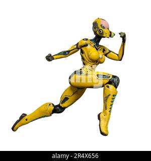 gynoid is the super fembot is doing a comic action pose in white ...