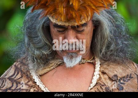 Portrait of Rapa Nui islander in traditional costume on Easter Island ...
