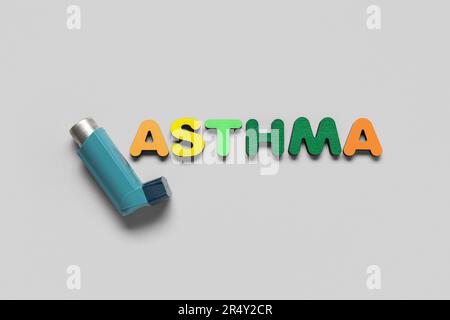 Word ASTHMA and inhaler on grey background Stock Photo - Alamy