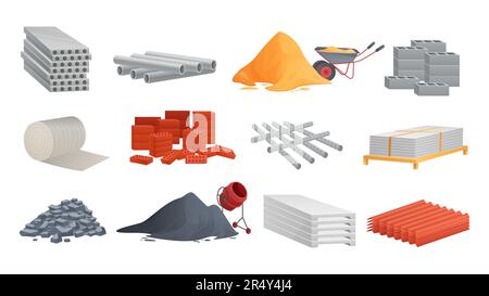 Building and renovation materials set. Pile of sand and stones, metal ...