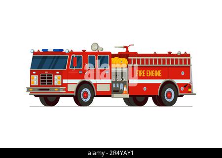 Fire engine truck isometric side front view. Firetruck car with Siren ...