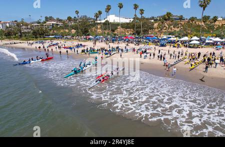 Aerial view Outrigger Canoe teams competing in the Santa Barbara Rig ...