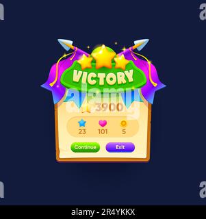 Game victory sign, banner or popup window. Vector award badge with golden stars, assets and ...