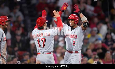 Cincinnati Reds' Stuart Fairchild celebrates in the dugout after ...