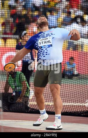 Daniel Stahl (SWE) places second in the discus with a throw of 223-6 ...