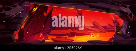 Lava cave background with rock and flowing liquid lava. Vector picture ...