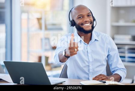 Man at callcenter, thumbs up in portrait and CRM, communication of ...