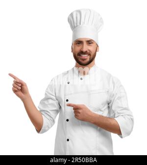 Mature male chef pointing at something on white background Stock Photo ...