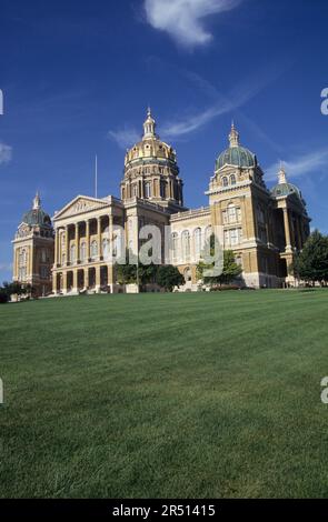 The Iowa state Capitol building on a hot late summer day with blue ...