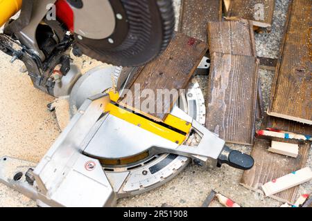 Close up view of a professional sliding table saw's precision guide ...