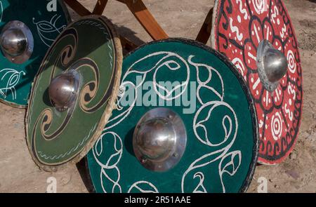 Celtiberian shield resting on the ground, caetra replicas. Historical reenactment Stock Photo ...