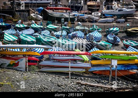 Small boats in the harbor of Levanto, Cinque Terre Italy Stock Photo ...