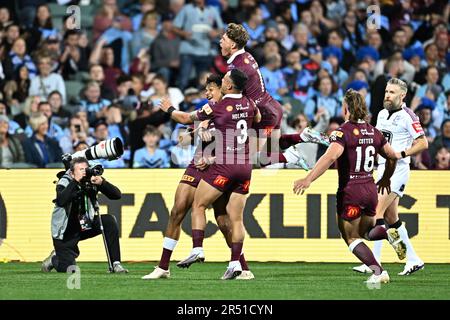 Selwyn Cobbo of the Maroons celebrates his try during State of Origin ...