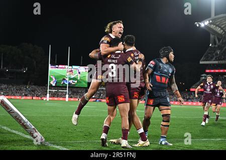 Selwyn Cobbo of the Maroons celebrates his try during State of Origin ...