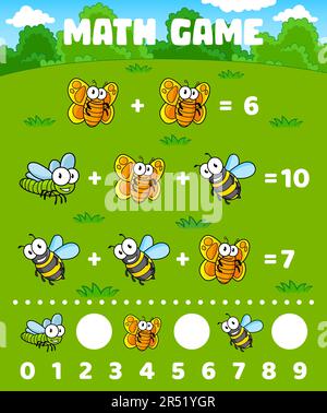 Math game of cartoon funny bee, fly and ladybug insects. Counting ...