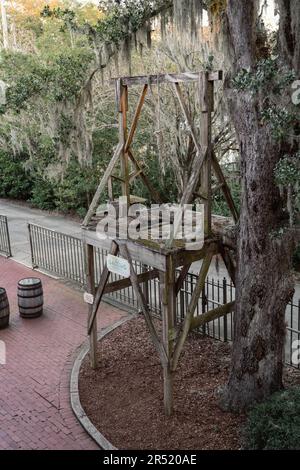 View of the wooden gallows used for hanging prisoners at the old jail ...