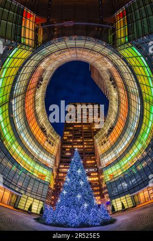 Bloomberg Tower Christmas Tree - View to the glass architecture of the ...