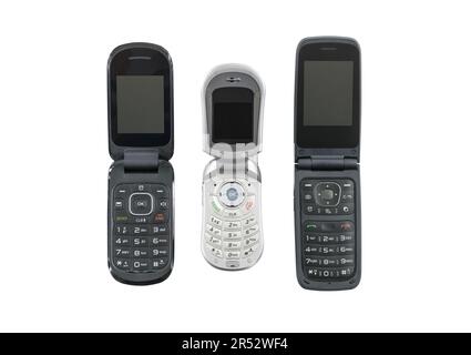 Three old flip cell phones isolated with cut out screens Stock Photo ...