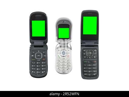 Three old flip cell phones isolated with cut out screens Stock Photo ...