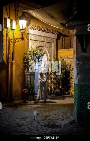 An entrance to Mosque Mouassine by night, Marrakesh, Morocco Stock ...