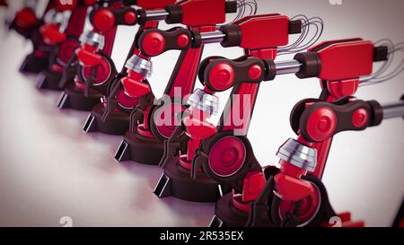 Robotic arms standing in a line inside a factory. 3D illustration Stock ...