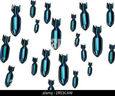 Atom bombs falling on the sky, Nuclear war. Atomic rocket air bomb. Bombshell, Mmissile army ...