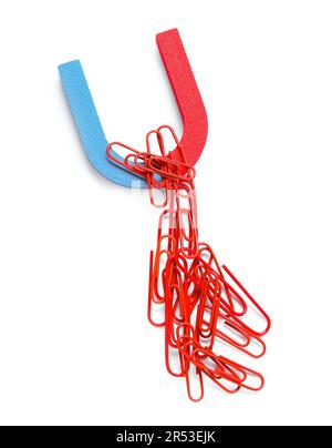 Magnet attracting paper clips on white background Stock Photo - Alamy