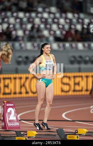 Michelle Jenneke running the 100m hurdles at the 2019 World Athletics ...