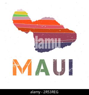 Maui map. Map of the island with beautiful geometric waves in red and ...