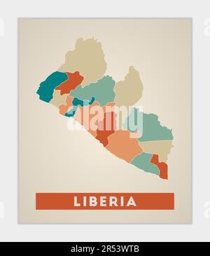 Liberia map. Country poster with regions. Old grunge texture. Shape of ...