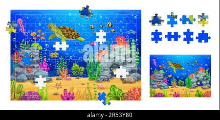Jigsaw puzzle underwater landscape pieces. Cartoon sea dolphin and fish ...