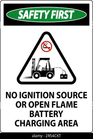 Safety First Sign No Ignition Source Or Open Flame, Battery Charging ...