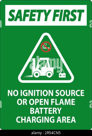 Safety First Sign No Ignition Source Or Open Flame, Battery Charging ...