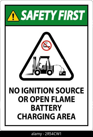 Safety First Sign No Ignition Source Or Open Flame, Battery Charging ...