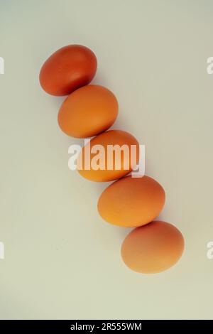 Chicken eggs of natural shades and colors in a recycled box on a white ...