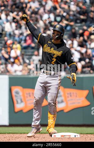 Pittsburgh Pirates right fielder Connor Joe pulls in a fly ball hit by ...