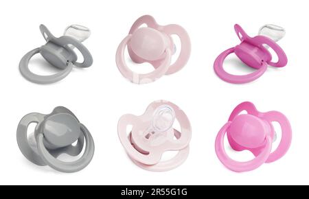 Collage of baby pacifiers in different colors on white background Stock ...