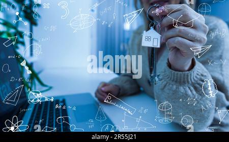 Quantitative analyst is drawing different math formulas on the glass ...