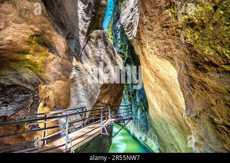 Cliffside walkway along Aare River through the Aare Gorge (Aareschlucht ...